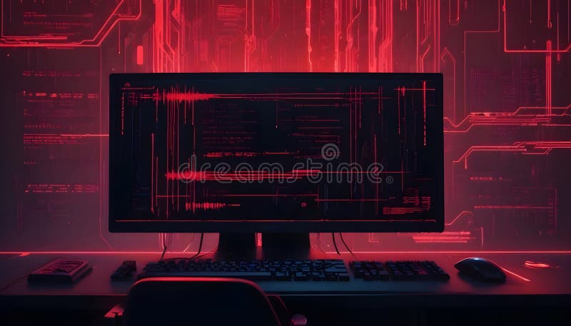 Futuristic Computer Setup with Red and Blue Lights Stock Vector ...