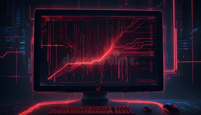 Futuristic Computer Setup with Red and Blue Lights Stock Vector ...