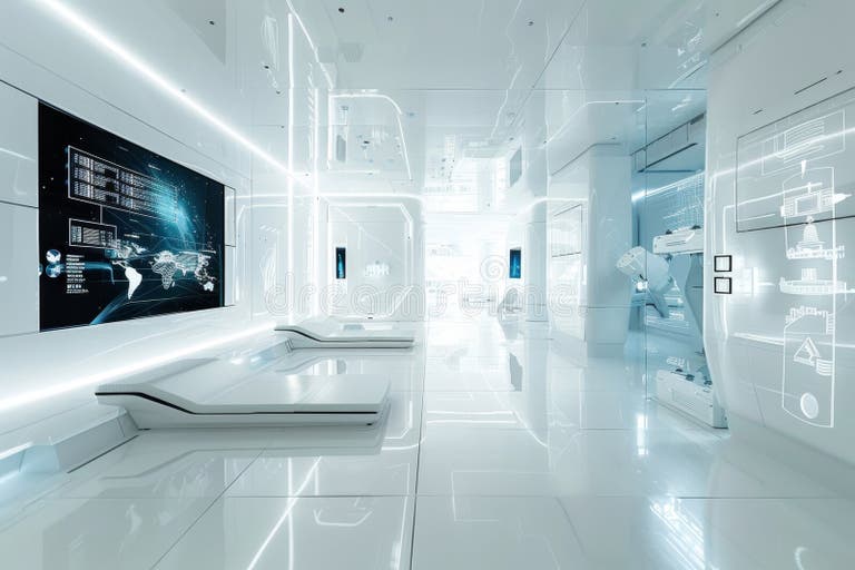 Futuristic Computer Technologies in a Sleek White Room with Advanced ...