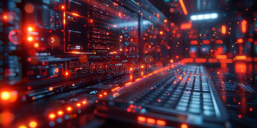 Futuristic Computer Terminal with Digital Data Interfaces, Surrounded by Illuminated Code and ...