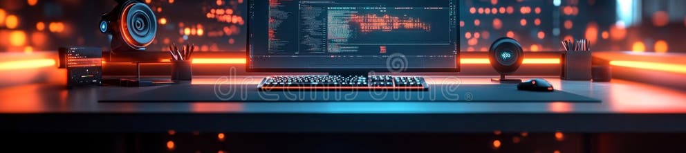 Futuristic Computer Workspace with Glowing Elements and Coding Screen ...