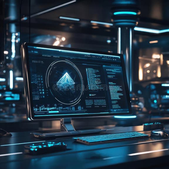 Futuristic Computer Workstation with Blue Neon Lights and Data Display ...