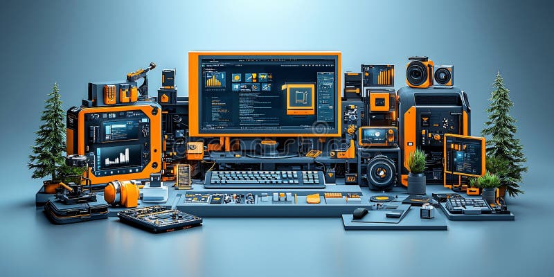 Futuristic Tech Setup Orange Black Computer Workstation with Plants AI ...