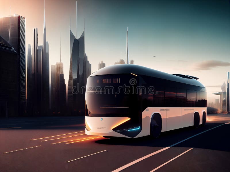 Futuristic Concept Self-Driving Bus. Day Urban Driveway, Ai Generated ...