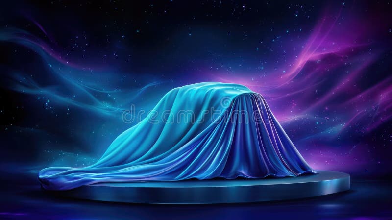 Futuristic Concept Car Hidden Under Luxurious Blue Fabric on Cosmic ...