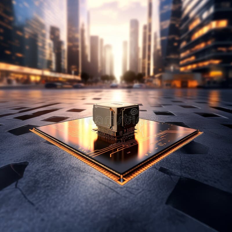 Futuristic Concept of a CPU Chip in a Smart City Stock Illustration ...