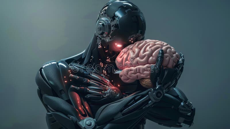 Futuristic Concept Cyborg Holding Human Brain in Arms, Realistic Photo ...