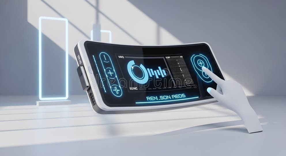 Futuristic Tablet with Touch, Hand Interface on White Surface, Tech ...