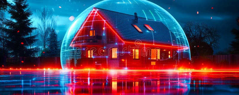 Futuristic Concept of a Home Secured by an Advanced Red Glowing Dome ...