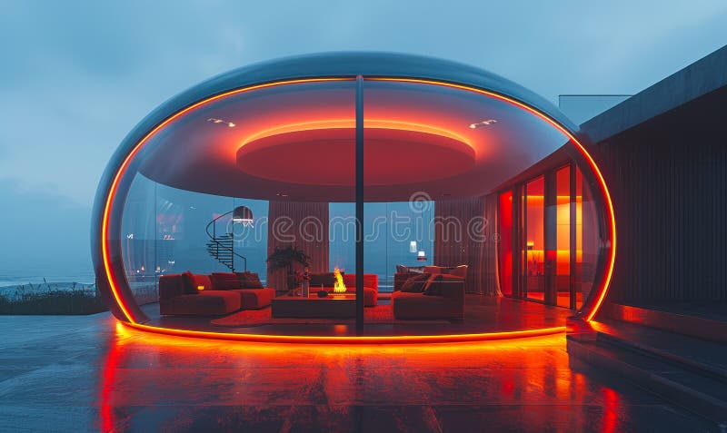 Futuristic Concept of a Home Secured by an Advanced Red Glowing Dome ...