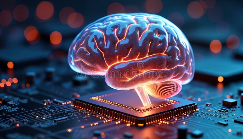 Futuristic Concept of Human Brain Merging with Tech. Glowing Brain Sits ...