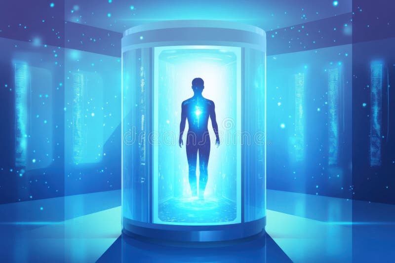 Futuristic Concept of Human Figure in Glowing Blue Capsule for Sci-fi ...