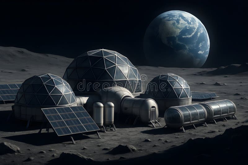 Futuristic Lunar Base with Geodesic Domes and Solar Panels Stock ...