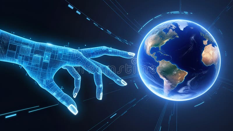 Robot Hand Holding Glowing Digital Globe, a Digital Rendering of a Blue ...