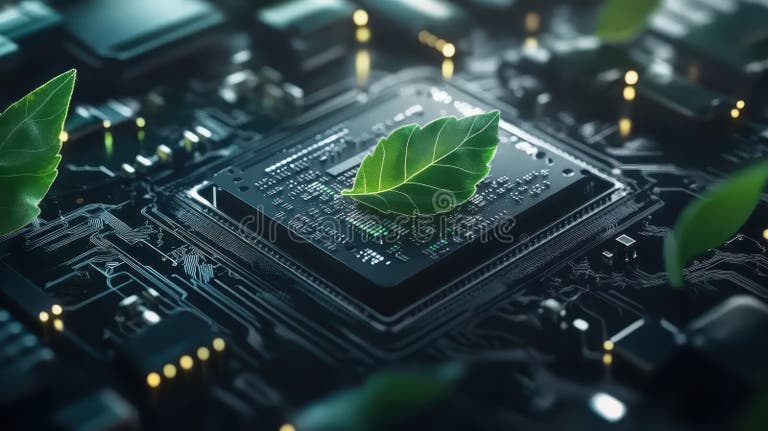 A Futuristic Concept of Sustainable Technology Featuring a Glowing Green Microchip with a Leaf ...