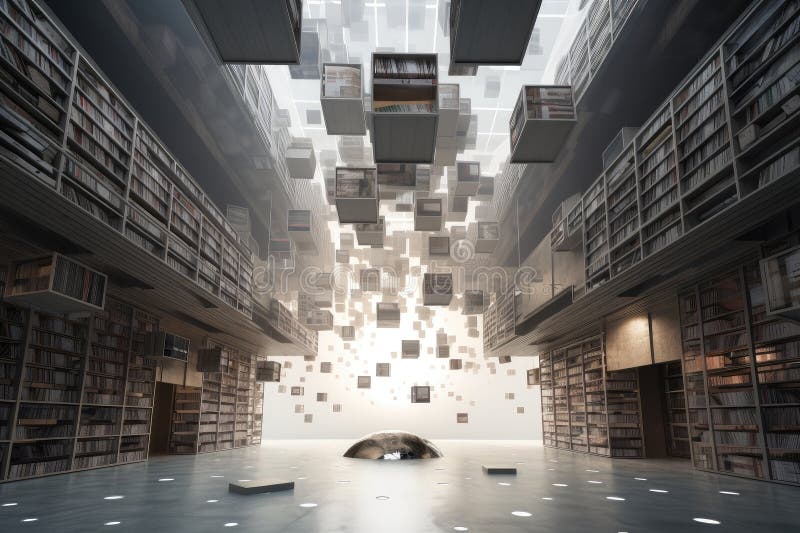 Futuristic and Conceptual Library, with Books Floating in the Air Stock ...