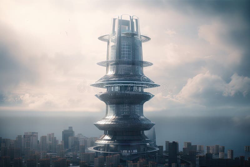 Futuristic and Conceptual Tower, with View of Futuristic Cityscape ...