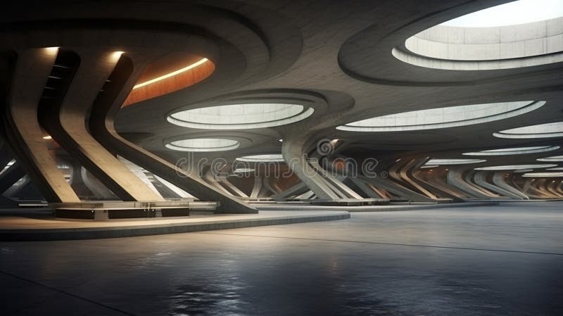 Futuristic Concrete Architecture with Car Park, Empty Cement Floor ...