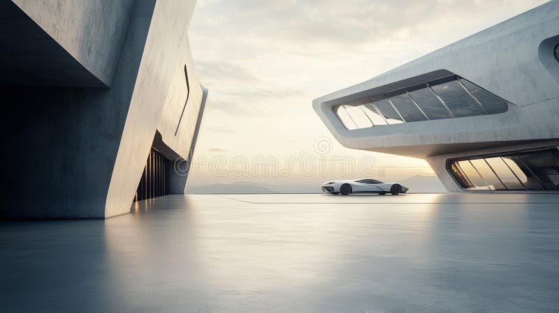 Futuristic Concrete Architecture with a White Car at Sunset Stock ...