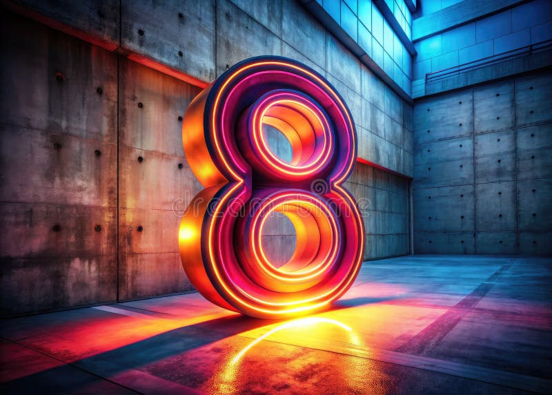 Futuristic Concrete Building Illuminated by a Glowing Neon Number Eight ...