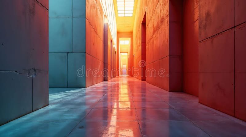Futuristic Concrete Corridor with Dramatic Colorful Light and Shadow ...