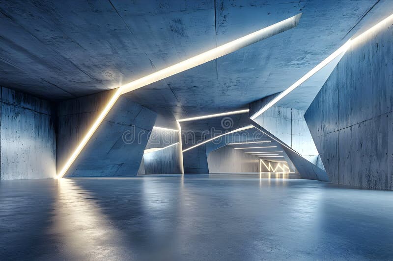 Futuristic Concrete Corridor with Glowing Linear Lights Stock Photo ...