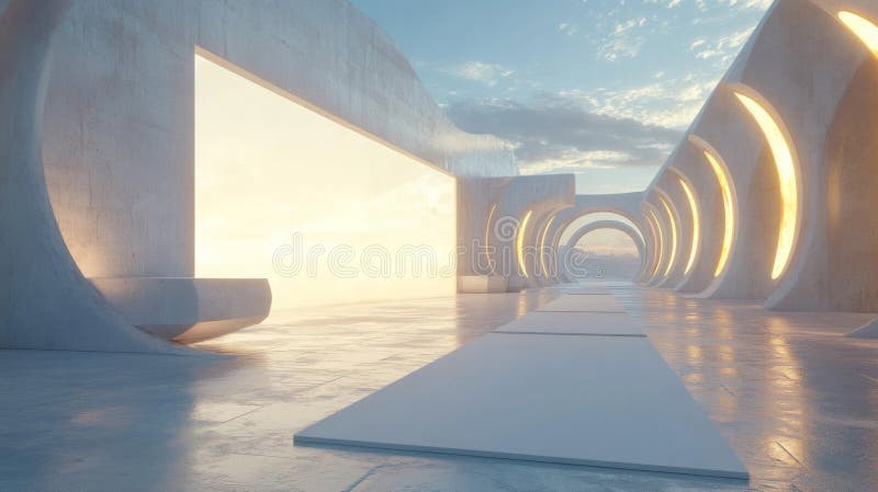 Futuristic Concrete Structure with Circular Openings and Glowing Lights ...