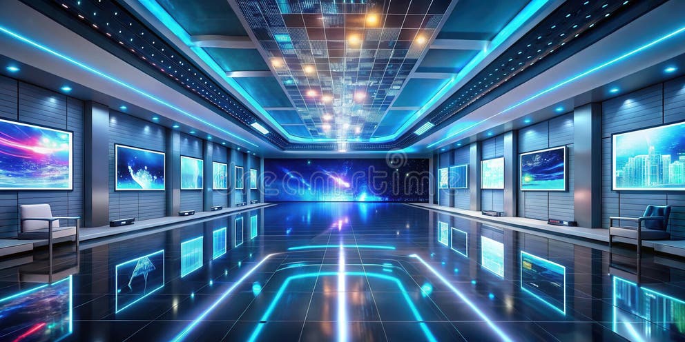 Futuristic Conference Hall with Illuminated Walls and High-tech ...