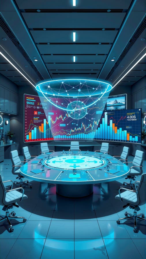 Futuristic Conference Room with Digital Data Visualization and ...