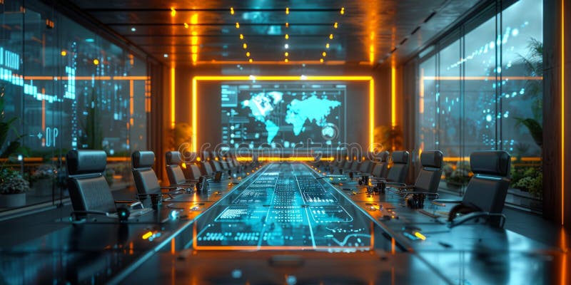 Futuristic Conference Room with Digital Interface Table and World Map ...