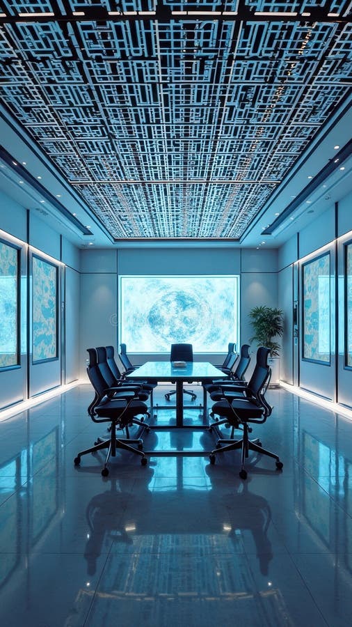 Futuristic Conference Room with Digital Screen and Modern Lighting ...