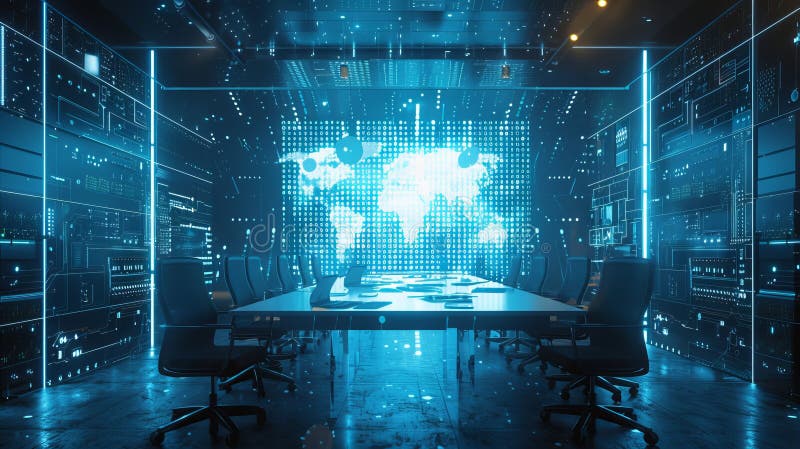 Futuristic Conference Room with Digital World Map and Data ...