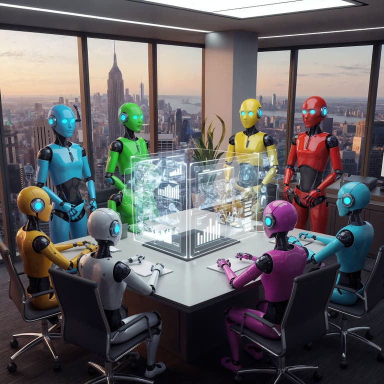 A Futuristic Conference Room with Robots in a Meeting Around a Table ...