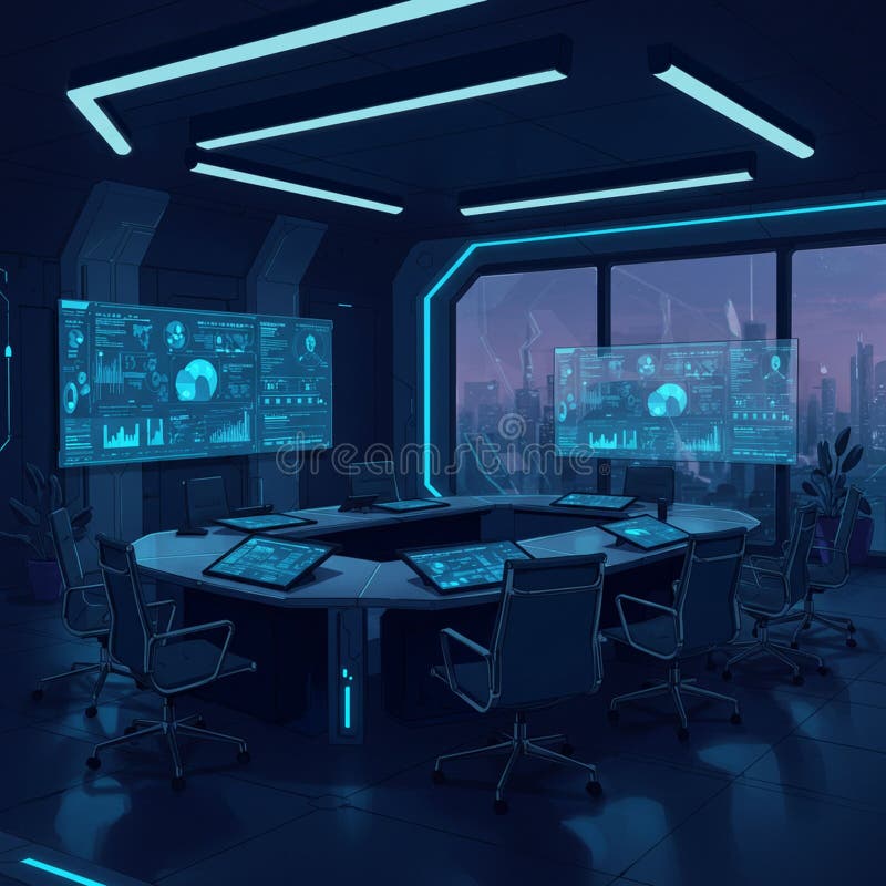 Futuristic Conference Room Features Hexagonal Tables Equipped with ...