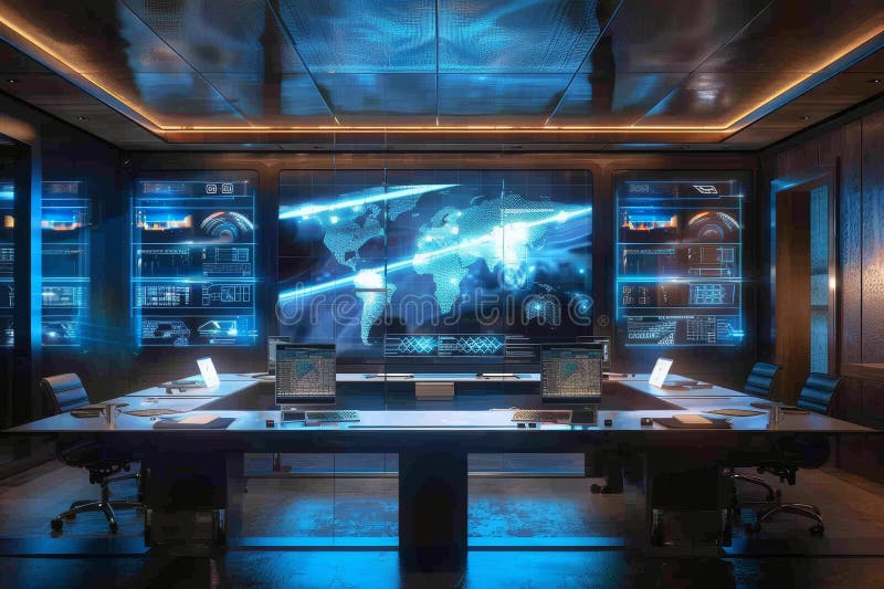 A Futuristic Conference Room Featuring Holographic Displays and a Large ...