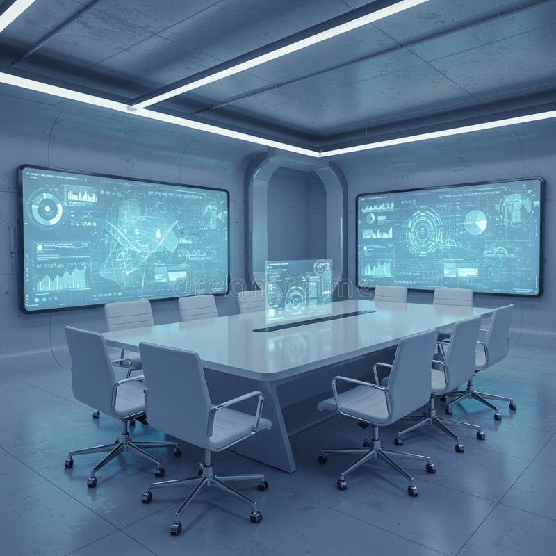 Futuristic Conference Room Featuring Large Digital Screens on Two Walls ...
