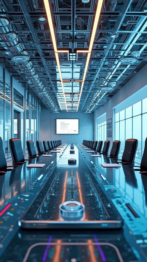 Futuristic Conference Room High Tech Ceiling Long Glass Table Stock ...