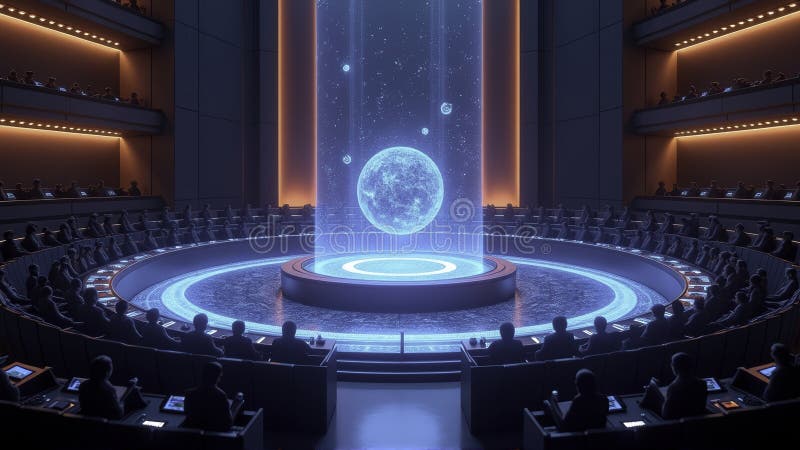 Futuristic Conference Room with Holographic Projection of a Planet ...