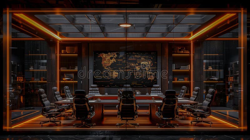Futuristic Conference Room with Illuminated World Map Display Stock ...