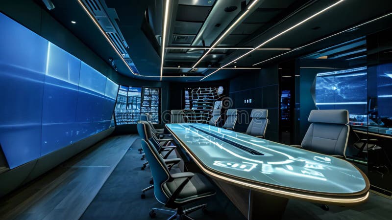 A Futuristic Conference Room with a Large Holographic Display Showing a ...