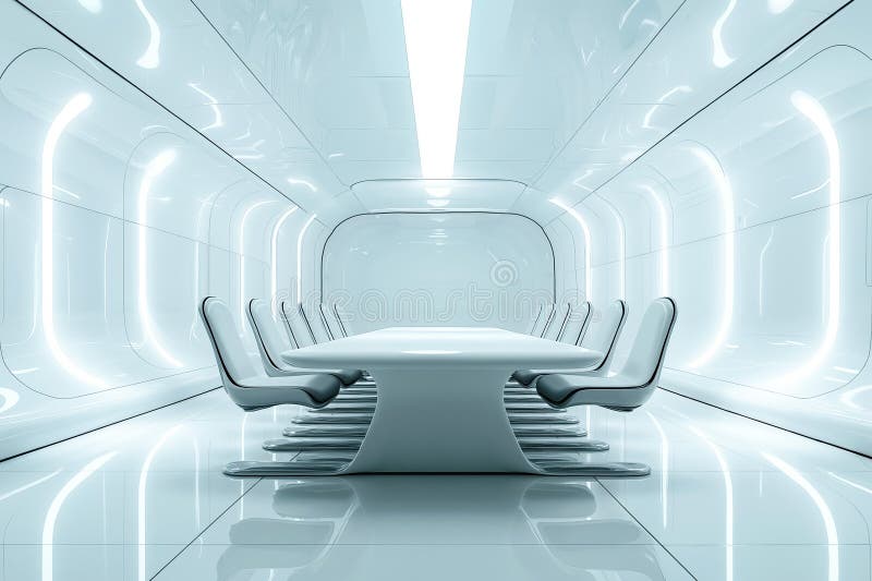 A Futuristic Conference Room with a Long Table and Chairs Stock ...