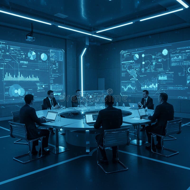 Futuristic Conference Room with Six Men in Suits Sitting Around a ...