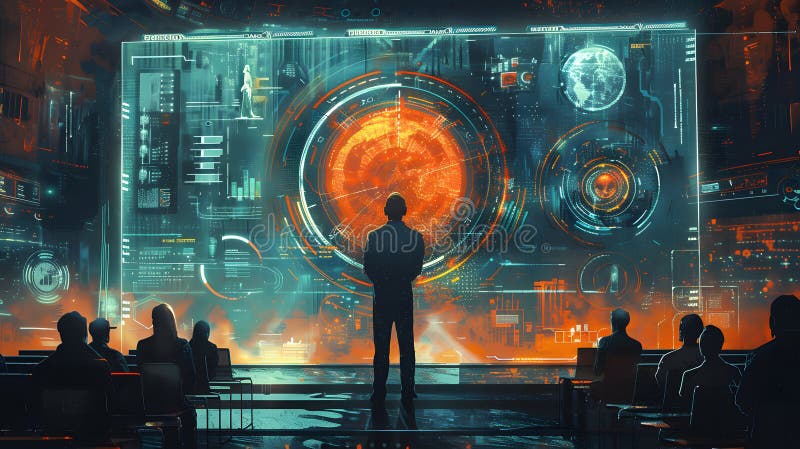 Futuristic Conference Scene with a Scientist Under Spotlights Stock ...