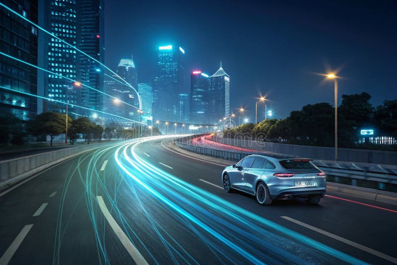 Futuristic Connected Car with Digital Data Streams Speeding at High ...