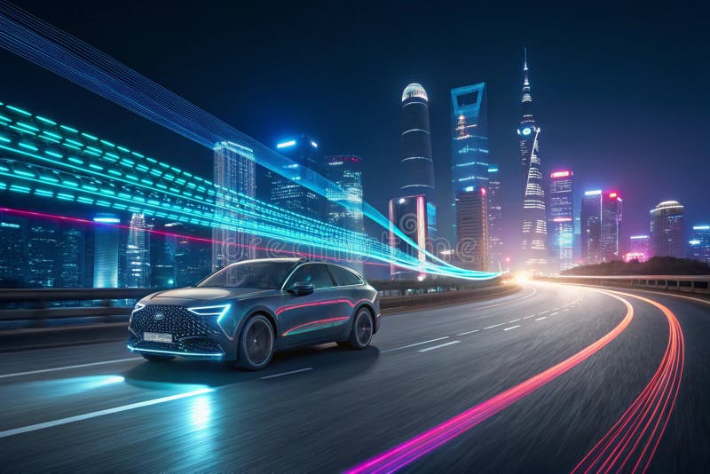 Futuristic Connected Car with Digital Data Streams Speeding at High ...