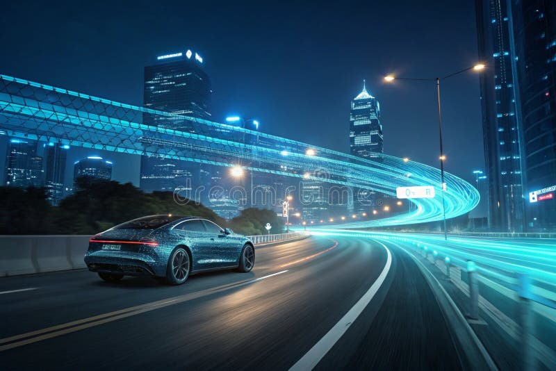 Futuristic Connected Car with Digital Data Streams Speeding at High ...