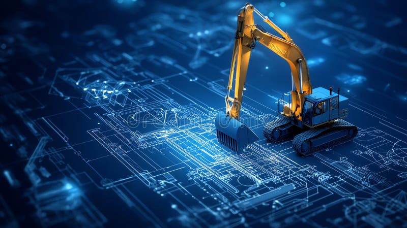 Futuristic Construction Concept Featuring a Digital Blueprint with a ...