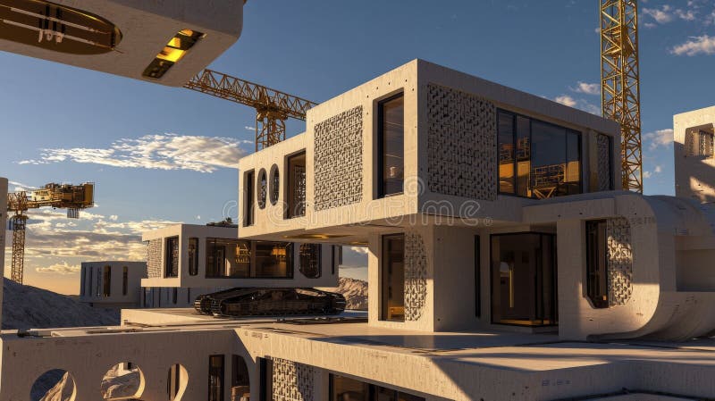 Futuristic Construction Robots Assembling Modern Homes at Urban ...