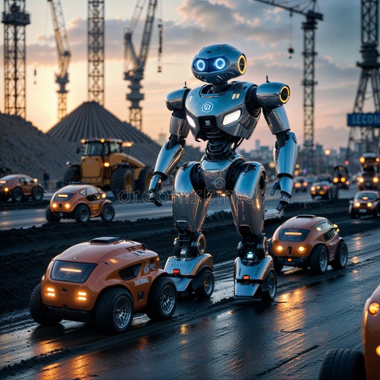 Futuristic Construction Robots on Building Site Stock Illustration ...