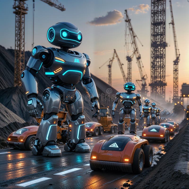 Futuristic Construction Robots on Building Site Stock Illustration ...
